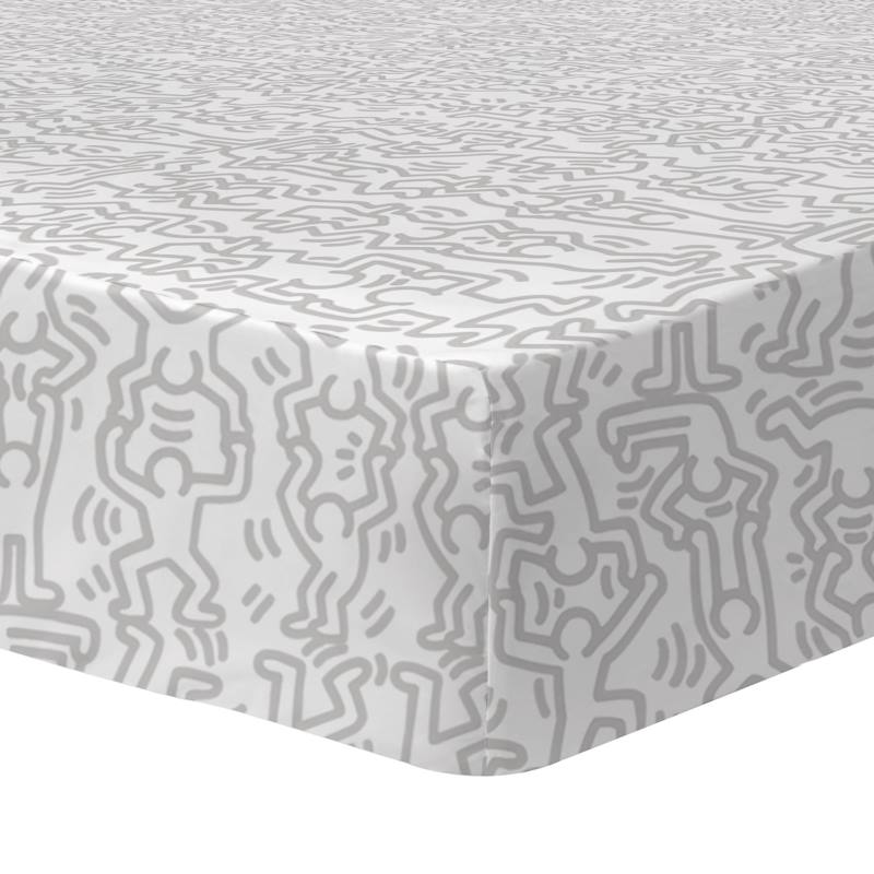 Drap-housse imprimé 100% coton, keith haring red love blanc/gris - Omydream